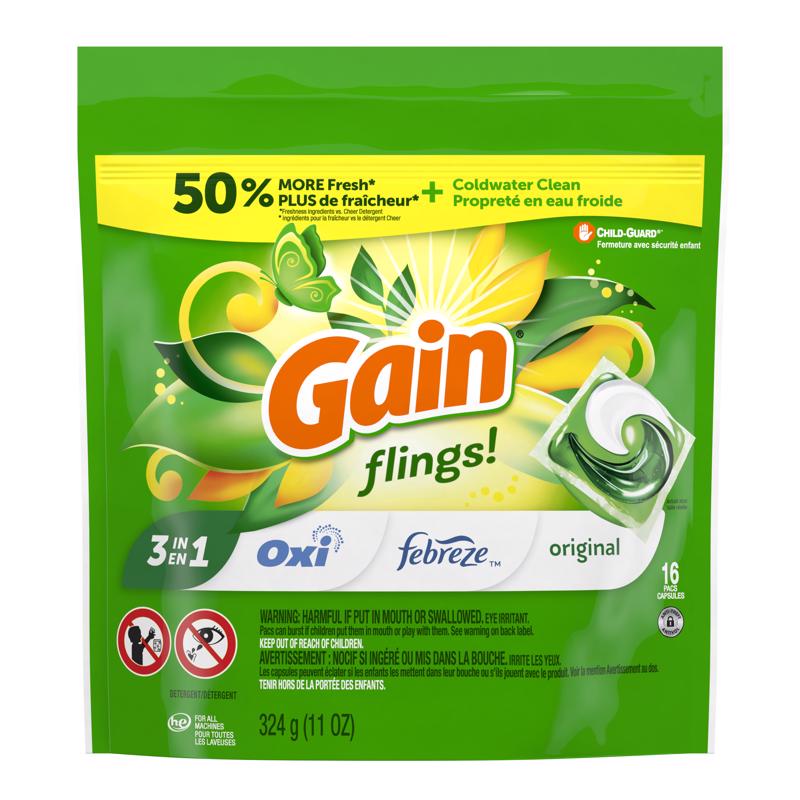 Gain Flings Original Scent Laundry Detergent Pod 12 oz 16 pk, Pack of 6 ...