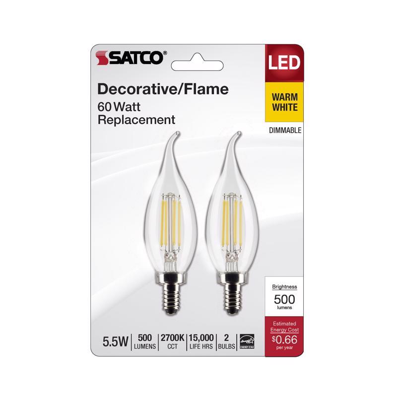 Satco CA10 (Flame Tip) E12 (Candelabra) Filament LED Bulb Warm White 60 ...