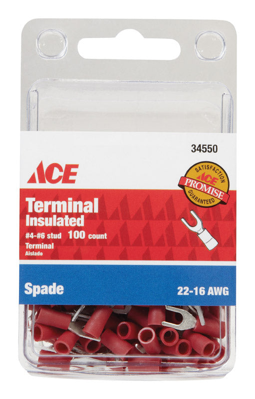 Ace Insulated Wire Spade Terminal Red 100 pk, MACE34550, 34550 ...