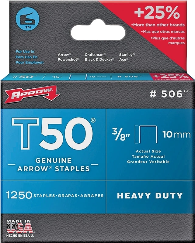 Arrow T50 Series 50624 Staple, For: T50 WA Stapler, 3/8 in W Crown, 3/8 ...