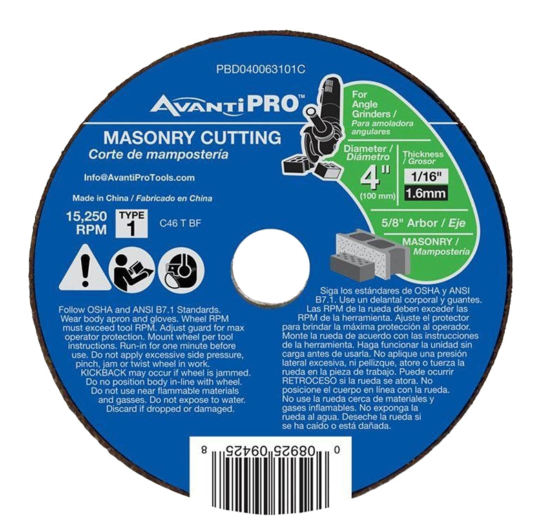 Avanti Pro PBD040063101C Cut-Off Wheel, 4 in Dia, 1/16 in Thick, 5/8 i ...