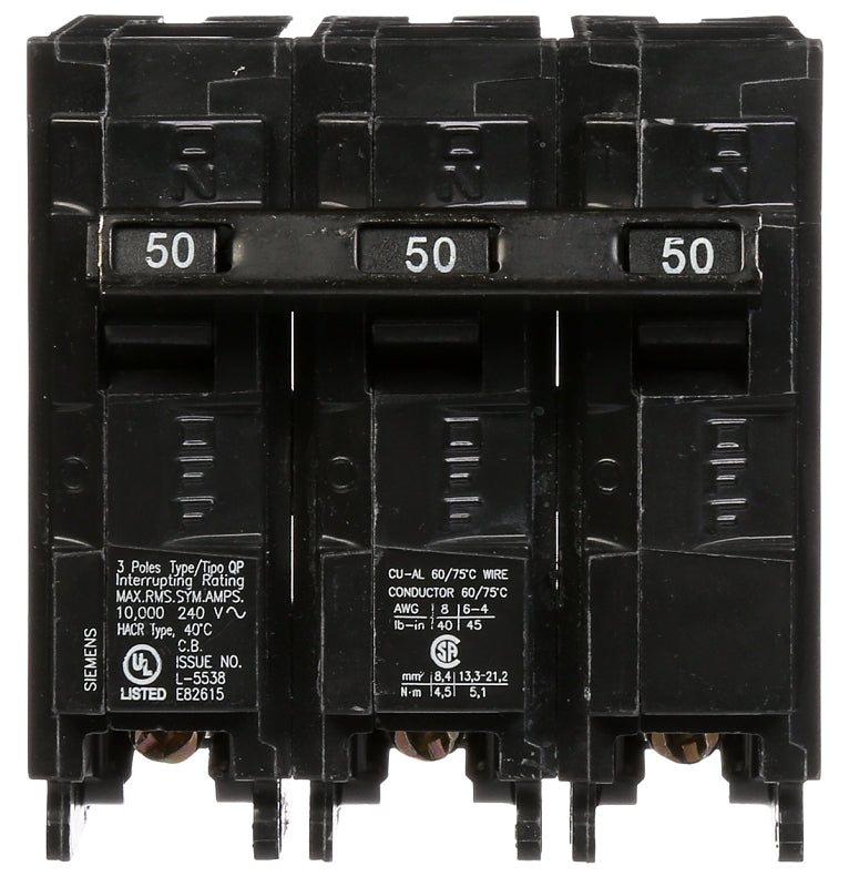 Siemens Q350 Circuit Breaker, Mini, 50 A, 3 -Pole, 240 VAC, Common Tri ...